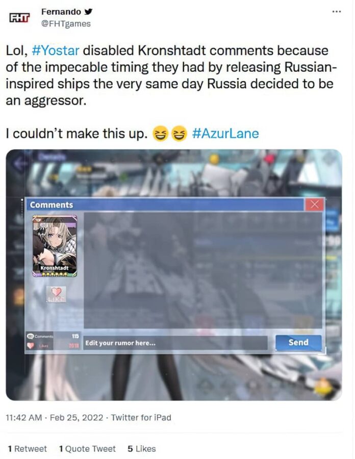 Azur Lane removes comments about the Ukraine-Russia conflict